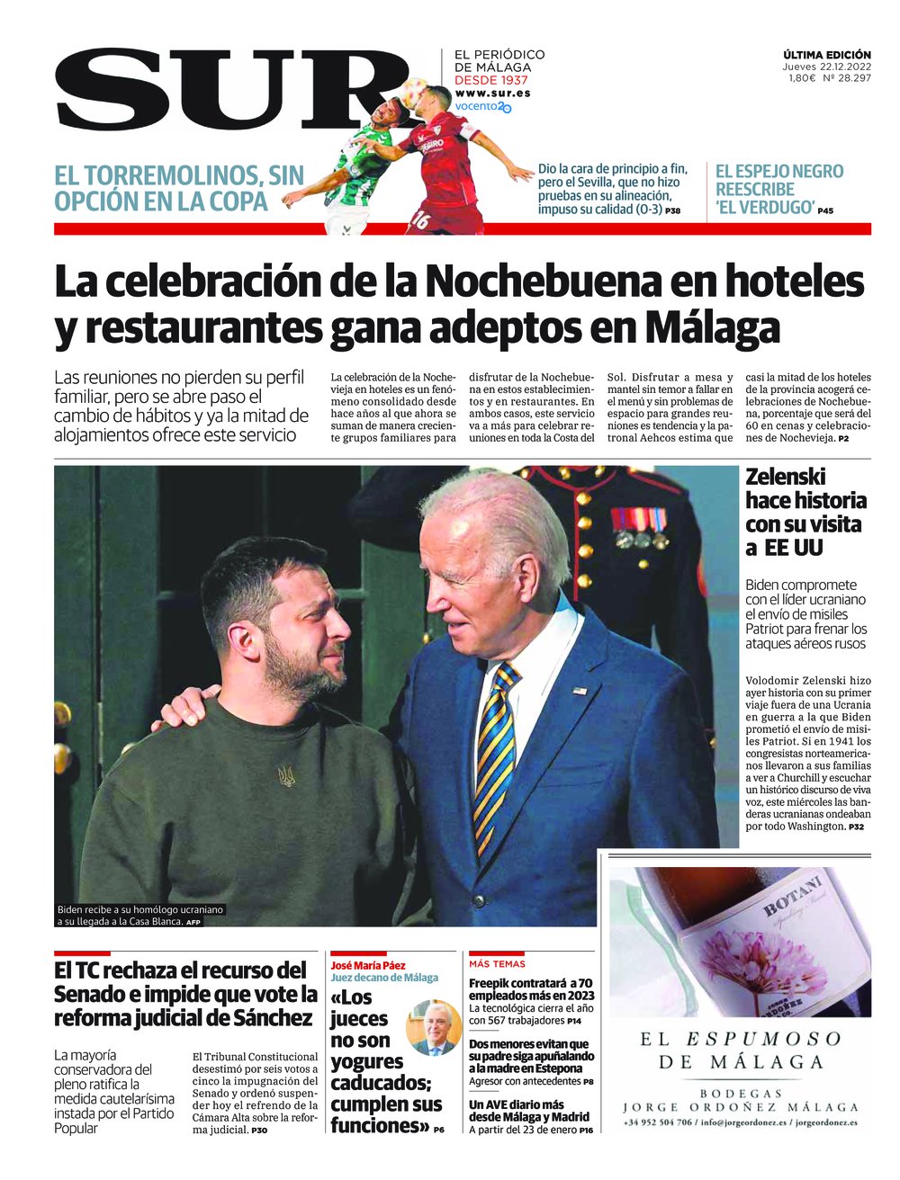 Las portadas de Diario SUR | Diario Sur |22 de Diciembre de 2022
